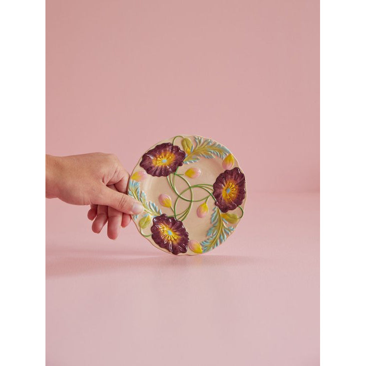 Rice DK Ceramic Cake Plate with Embossed Flower Design - Soft Sand ...