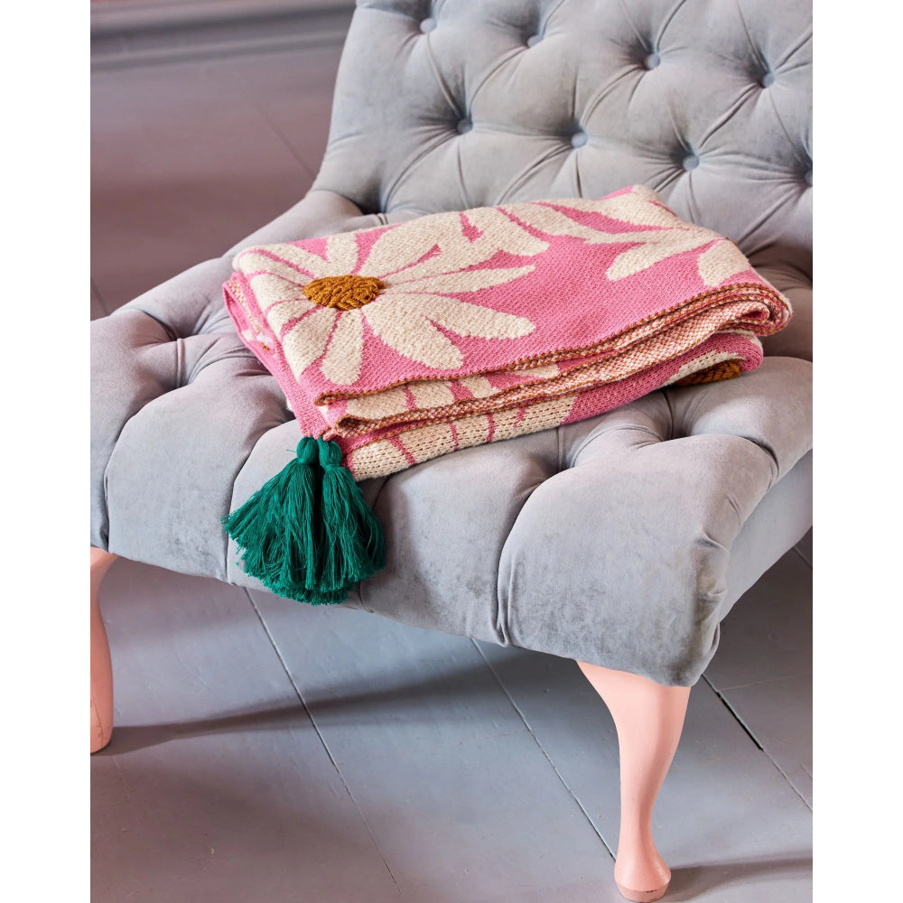 Rice DK Knitted Blanket in Pink with Embossed Flowers and Green Tassel ...