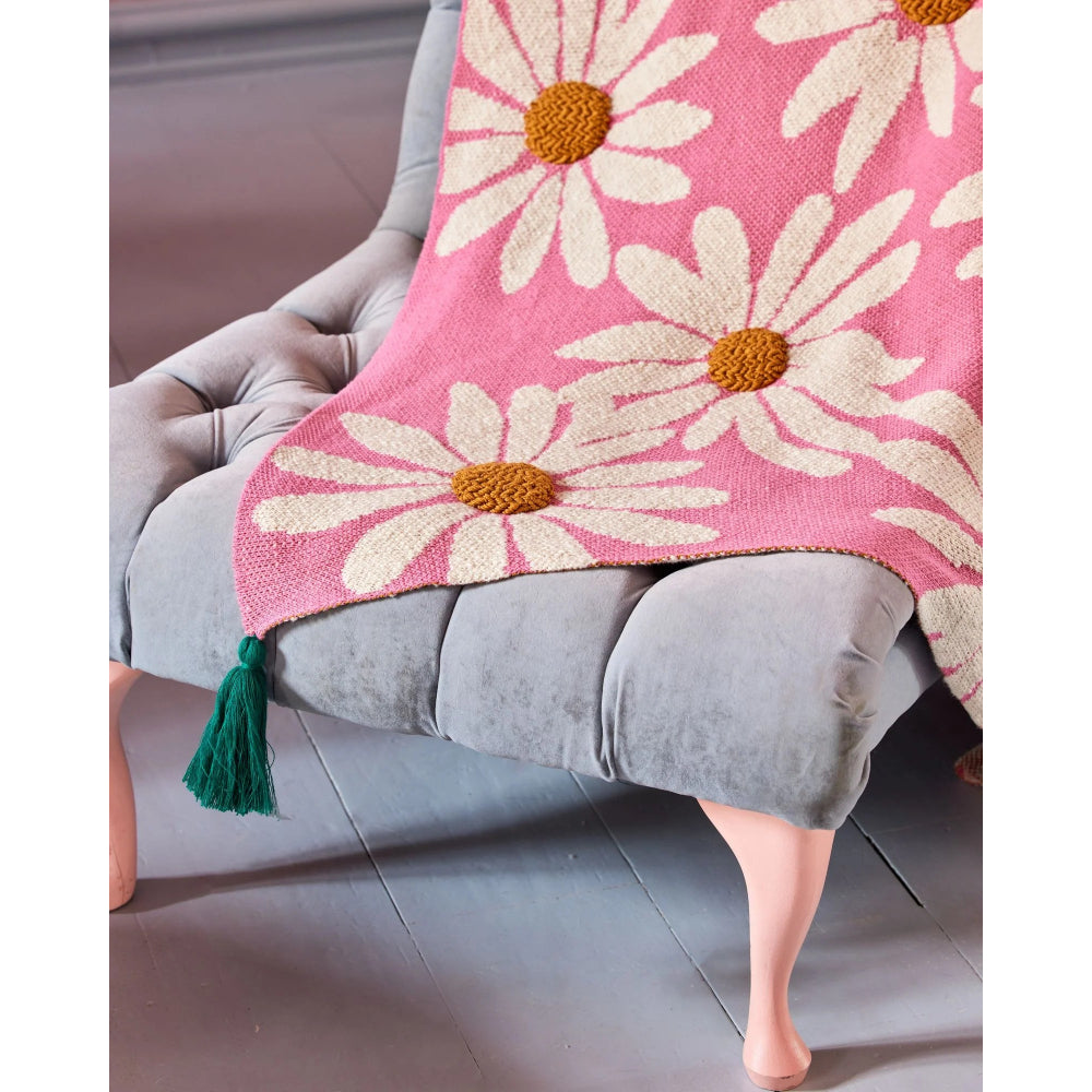 Rice DK Knitted Blanket in Pink with Embossed Flowers and Green Tassel ...
