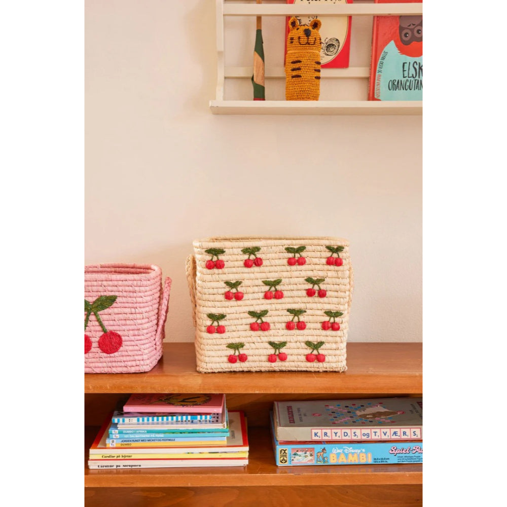Rice DK Raffia Square Basket With Small Cherries All Over Embroidery ...
