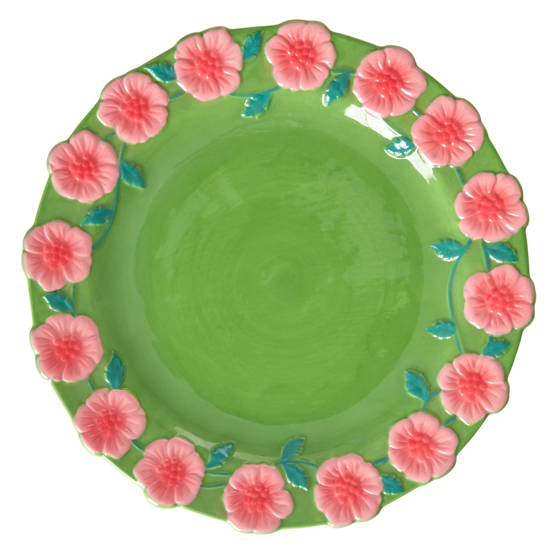 Rice DK Ceramic Dinner Plate with Embossed Flower Design - Green ...