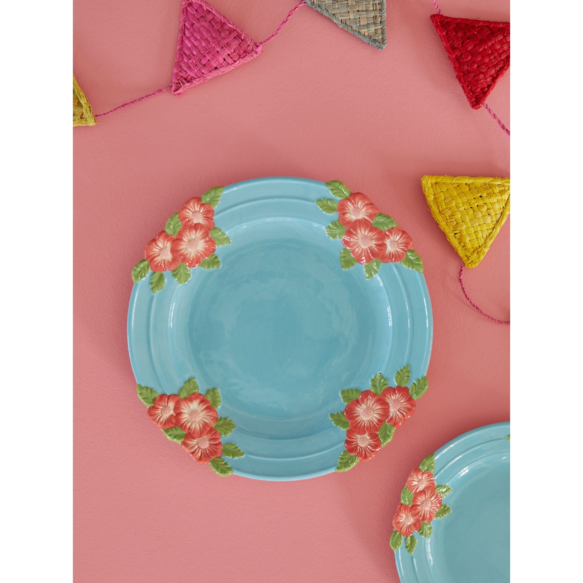 Rice DK Ceramic Dinner Plate with Embossed Flower Design - Soft Blue ...