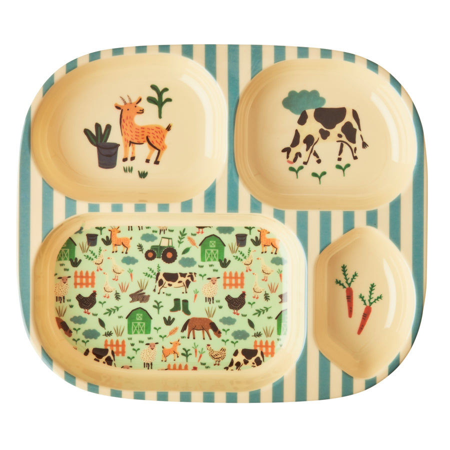 Rice DK Melamine Kids 4 Room Plate with Blue Farm Print – Petit Bazaar