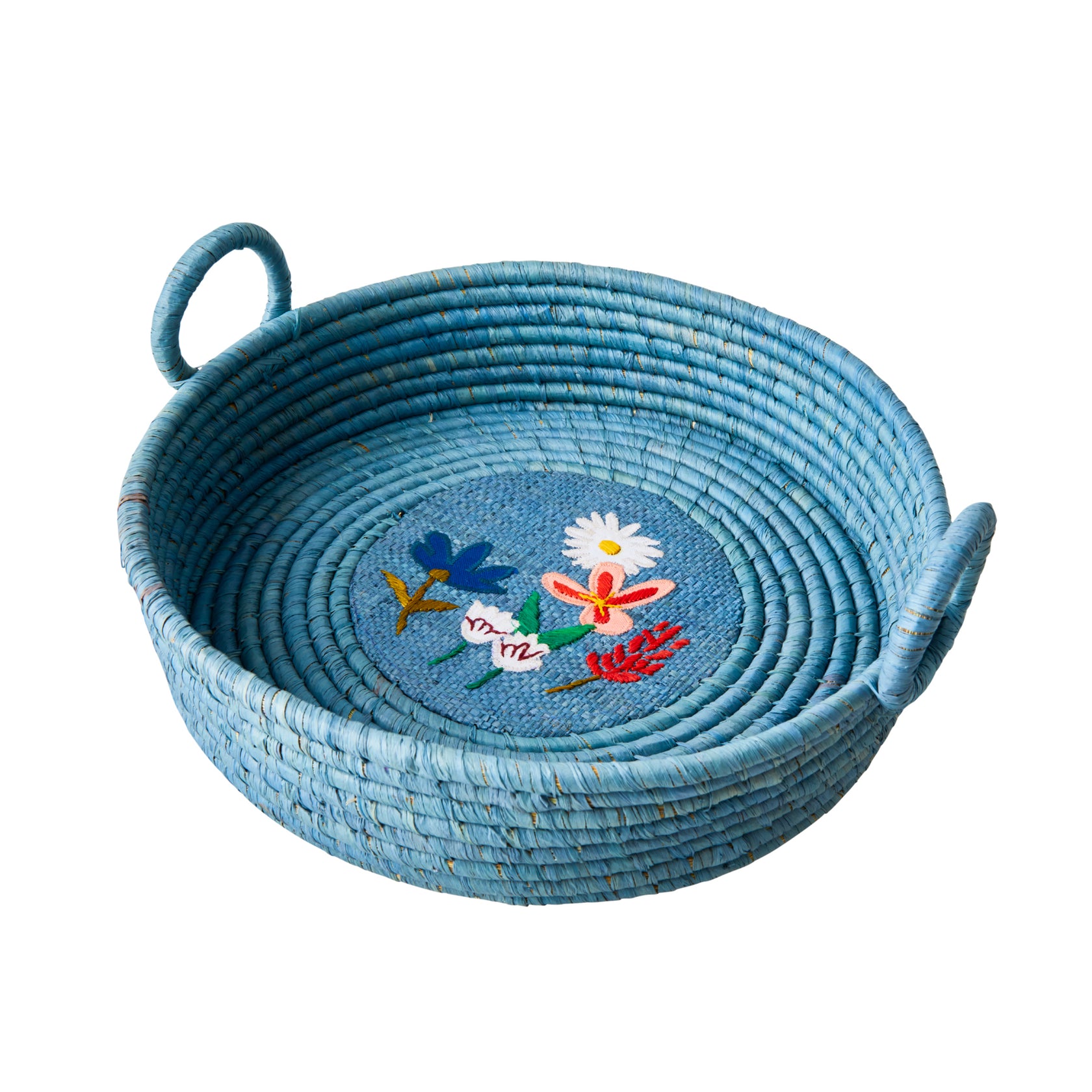 Rice DK Raffia Round Bread Basket with Flower Embroidery - Blue – Petit ...