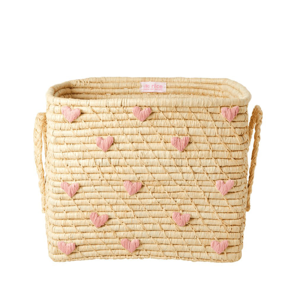 Rice DK Raffia Square Basket with Pink Hearts - Raffia Handles – Petit ...
