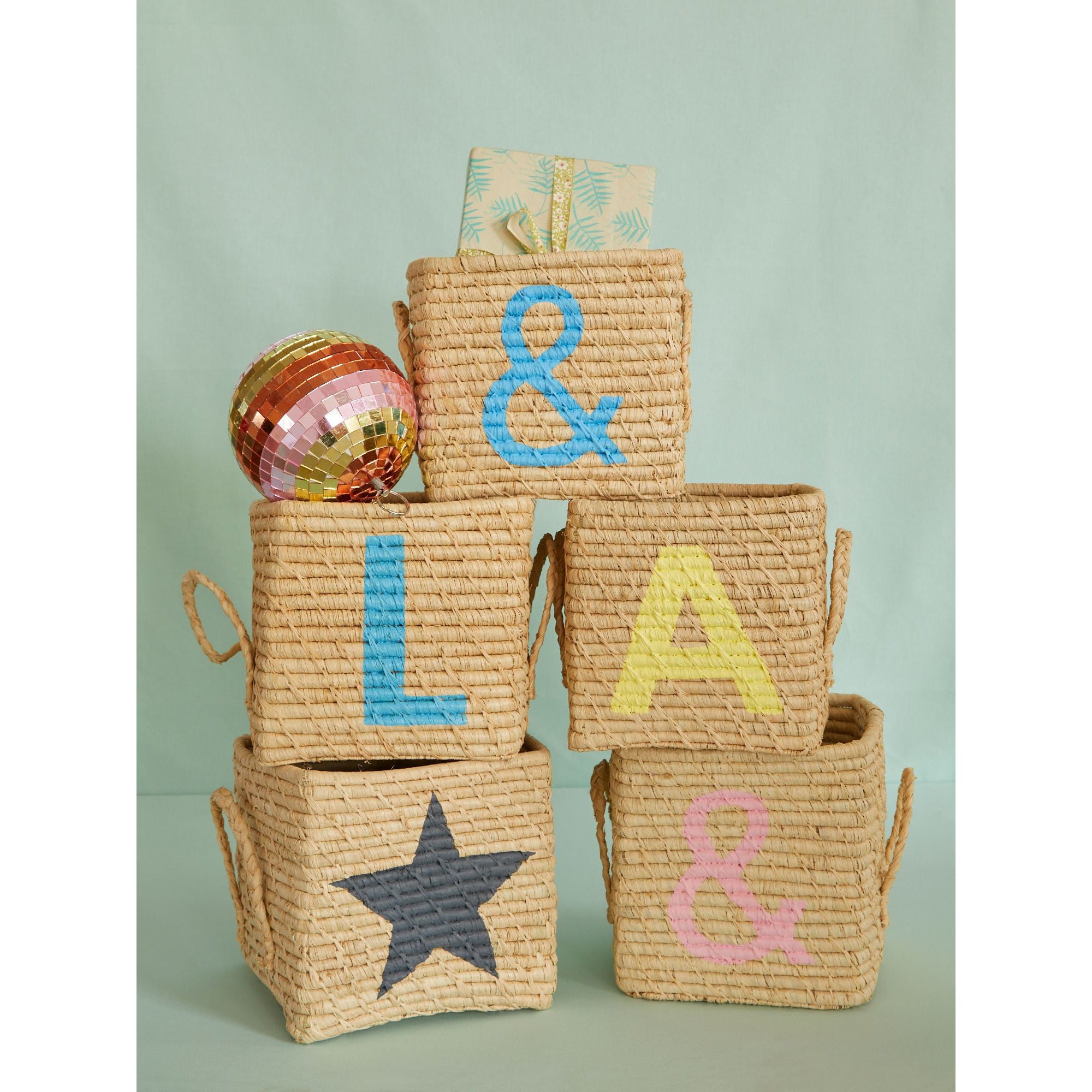 Rice DK Square Raffia Basket with Painted Blue – Petit Bazaar